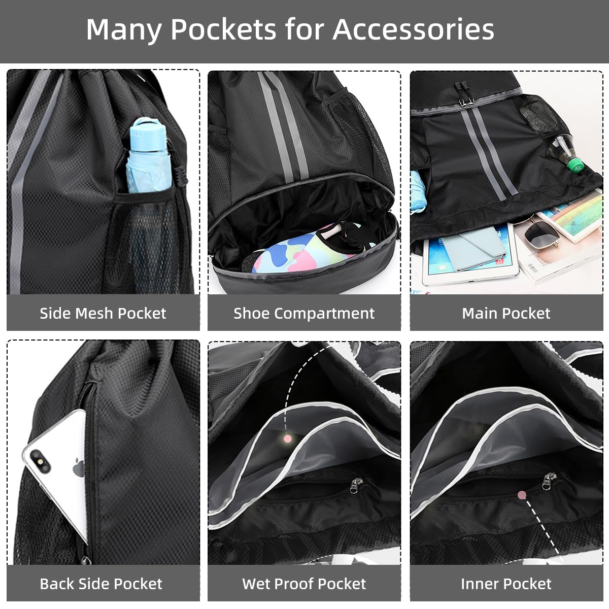 Valleycomfy Sports Drawstring Backpack - Water Resistant String Bag with Side Mesh Pockets Shoe Compartment Gym Backpack for Women & Men Navy Blue