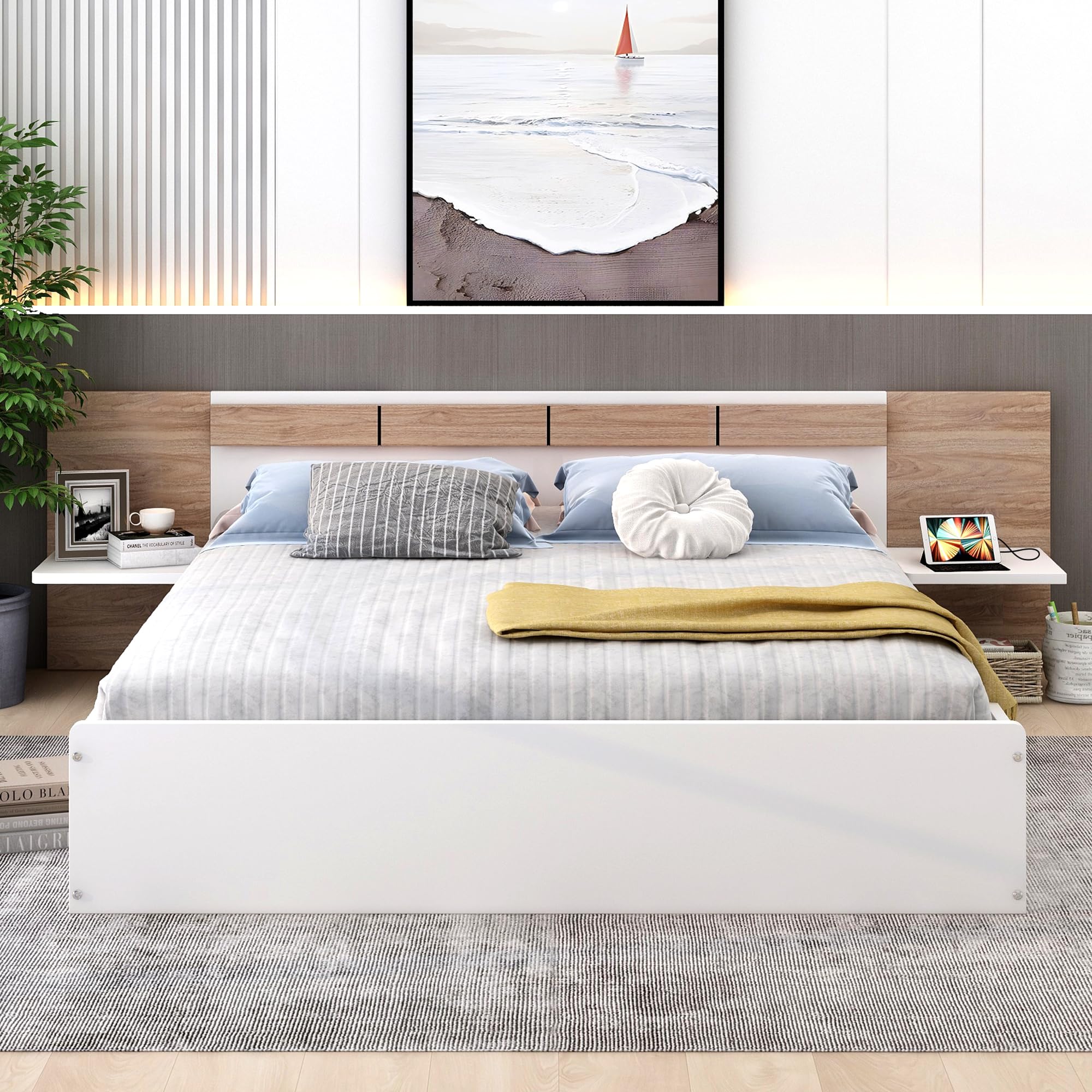 TURRIDU Queen Bed Frame with Storage, Bed Frame Queen Size with 2 Side Shelves, Outlets and USB Ports, Queen Size Platform Bed Frame with Wood Slats Support for Bedroom, Guest Room,White