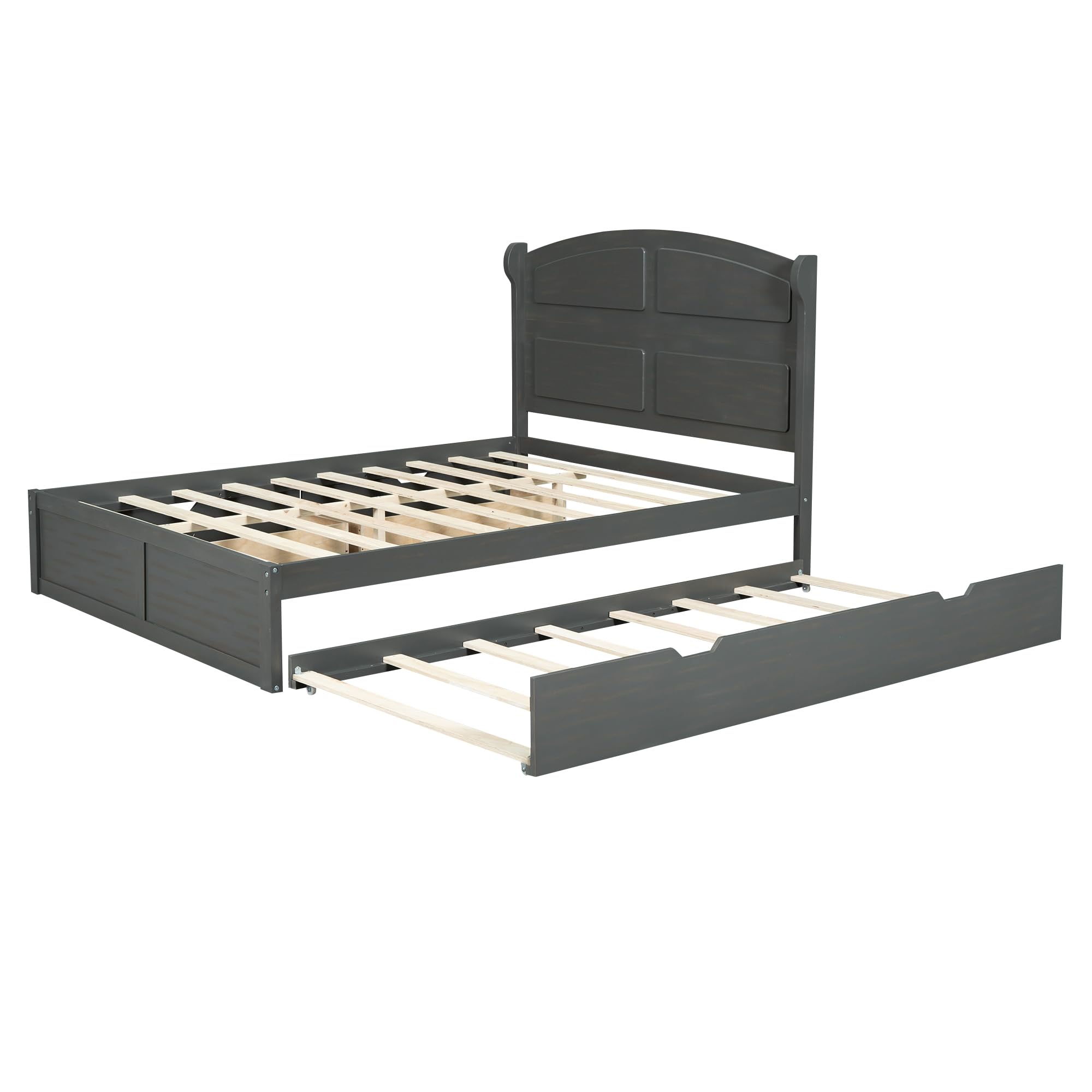 BOVZA Queen Size Platform Bed Frame with Headboard, Twin Size Trundle and 2 Drawers, Antique Gray