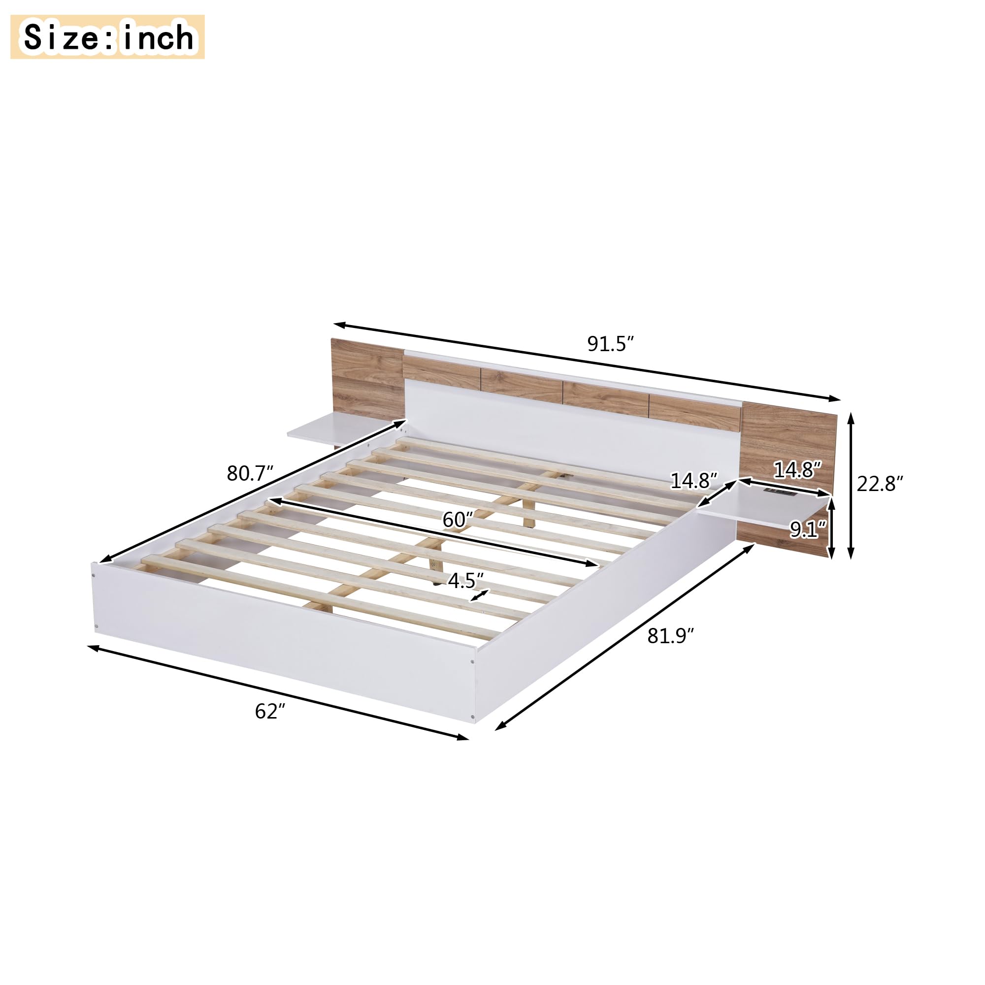 TURRIDU Queen Bed Frame with Storage, Bed Frame Queen Size with 2 Side Shelves, Outlets and USB Ports, Queen Size Platform Bed Frame with Wood Slats Support for Bedroom, Guest Room,White
