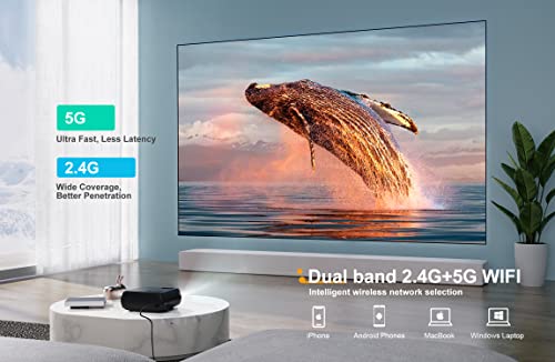 Jimveo Projector 5G WiFi Bluetooth,13000L 420 ANSI Native 1080P Outdoor Projector 4K &4D Keystone&50% Zoom Support,Sealed Mini Portable Movie LED/Home Projectors for Phone/TV Stick/PC[Screen Included]