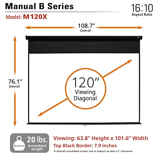 Elite Screens Manual B, 120-INCH, 16:10 aspect ratio, Manual Pull Down Projector Screen 4K / 8K Ultra HDR 3D Ready with Auto-Lock Mechanism, 2-YEAR WARRANTY, M120X