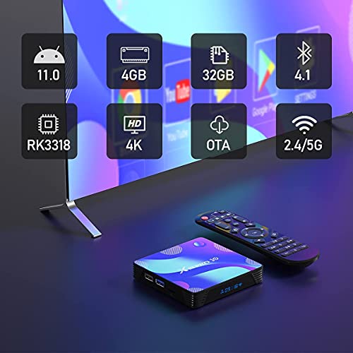 Android TV Box 11.0,4GB RAM 32GB ROM RK3318 Quad-Core 3D 4K Smart Box,Support 2.4G/5.8G Dual WiFi,BT 4.1,100M Ethernet LAN X10 Streaming Video Box