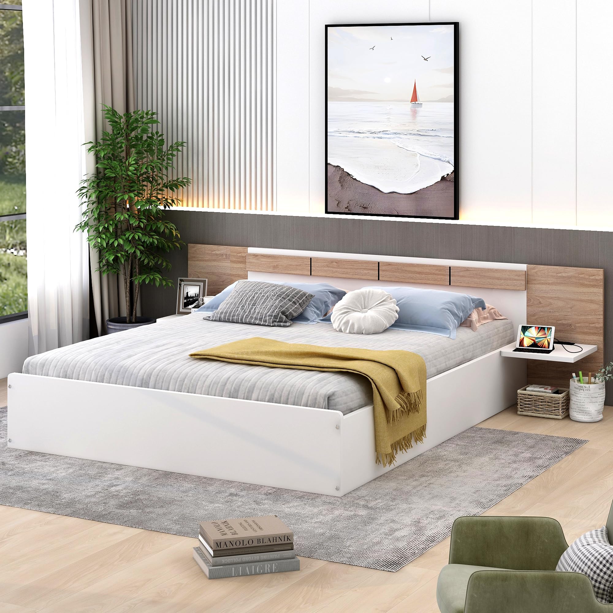 TURRIDU Queen Bed Frame with Storage, Bed Frame Queen Size with 2 Side Shelves, Outlets and USB Ports, Queen Size Platform Bed Frame with Wood Slats Support for Bedroom, Guest Room,White