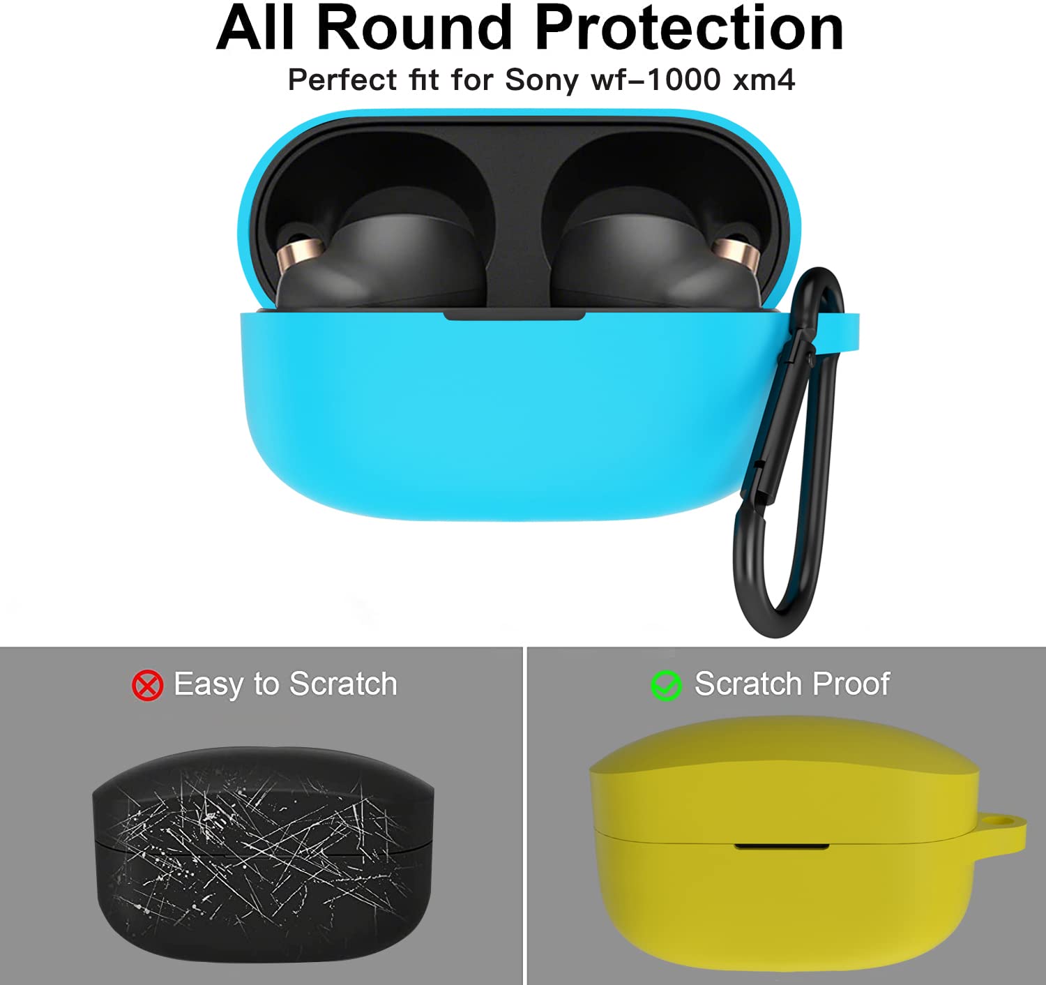Kanya Case Compatible with Sony WF-1000XM4,2 Packs Full Protective Shockproof Anti-Slip Silicone Case Cover with Carabiner and Silicone Hand Strap for Sony WF-1000XM4 (Sky Blue+Yellow)