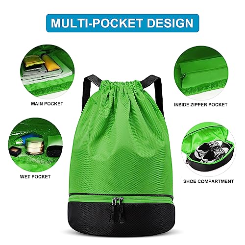 Qoosea Drawstring Backpack Sports Gym Bag with Shoe Compartment Water Resistant Drawstring Sackpack for Women Men (Green)