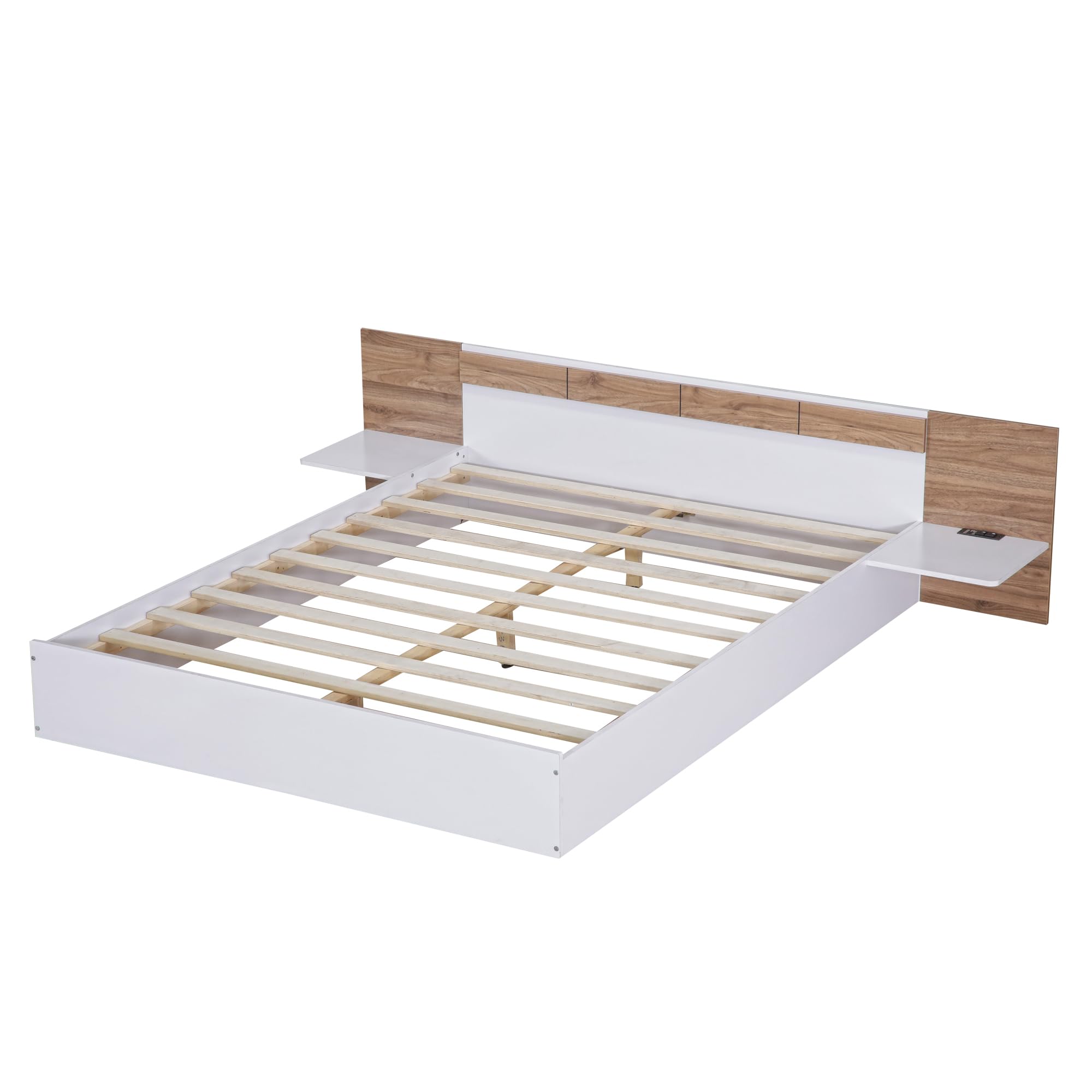 TURRIDU Queen Bed Frame with Storage, Bed Frame Queen Size with 2 Side Shelves, Outlets and USB Ports, Queen Size Platform Bed Frame with Wood Slats Support for Bedroom, Guest Room,White