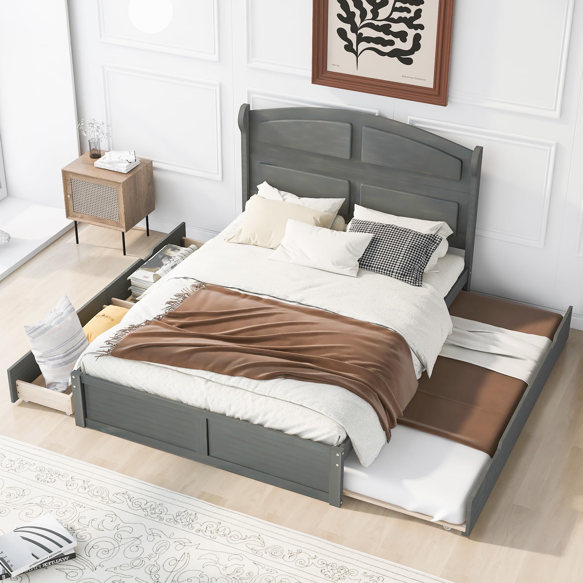 BOVZA Queen Size Platform Bed Frame with Headboard, Twin Size Trundle and 2 Drawers, Antique Gray