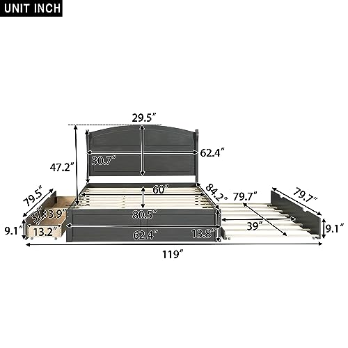 EMKK Queen Bed with Trundle and 2 Drawers, Wood Queen Size Platform Bed Frame Space-Saving Queen Size Bed for Boys, Girls, Kids, Teens and Adults