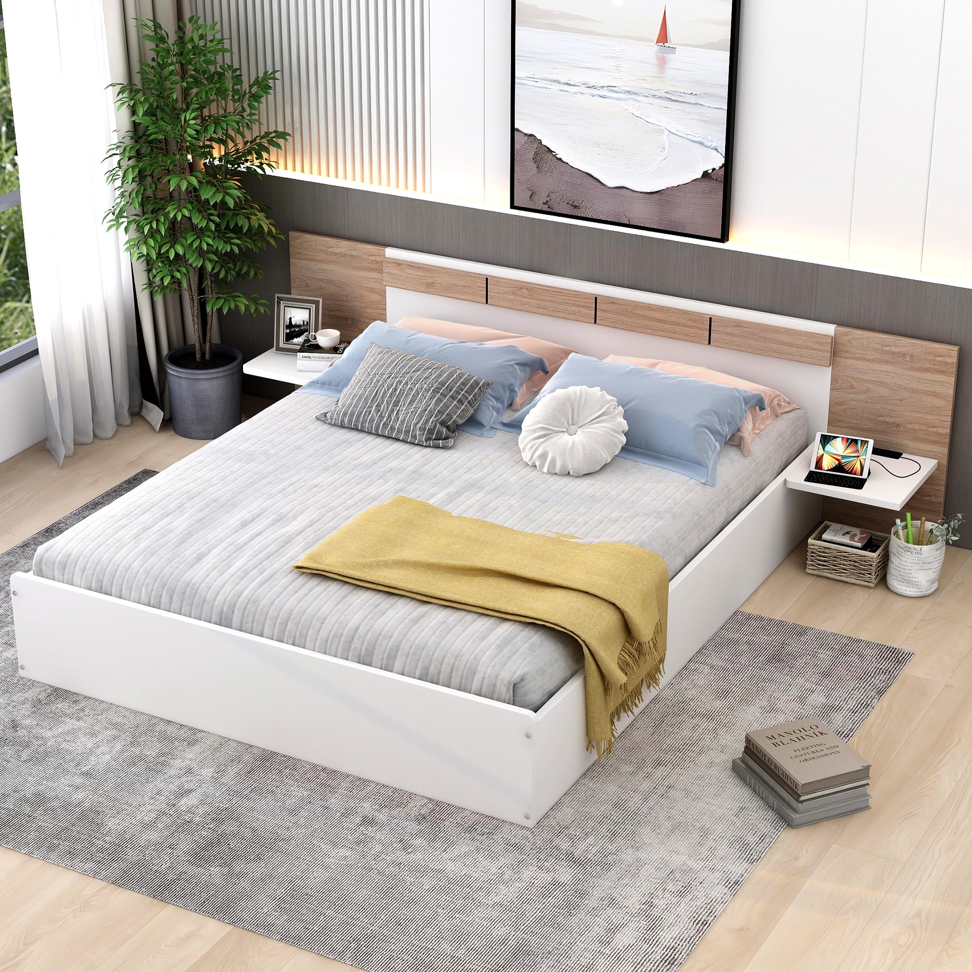TURRIDU Queen Bed Frame with Storage, Bed Frame Queen Size with 2 Side Shelves, Outlets and USB Ports, Queen Size Platform Bed Frame with Wood Slats Support for Bedroom, Guest Room,White