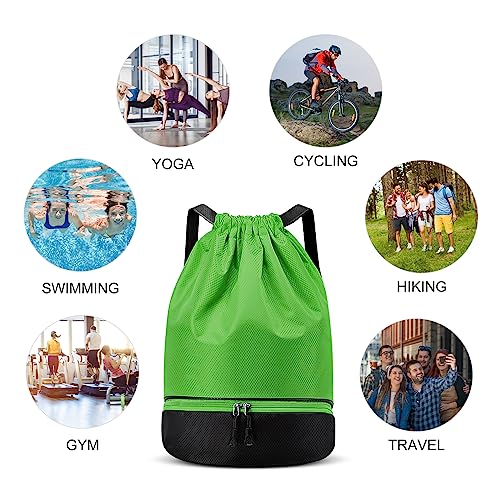 Qoosea Drawstring Backpack Sports Gym Bag with Shoe Compartment Water Resistant Drawstring Sackpack for Women Men (Green)