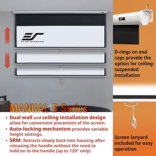 Elite Screens Manual B, 120-INCH, 16:10 aspect ratio, Manual Pull Down Projector Screen 4K / 8K Ultra HDR 3D Ready with Auto-Lock Mechanism, 2-YEAR WARRANTY, M120X