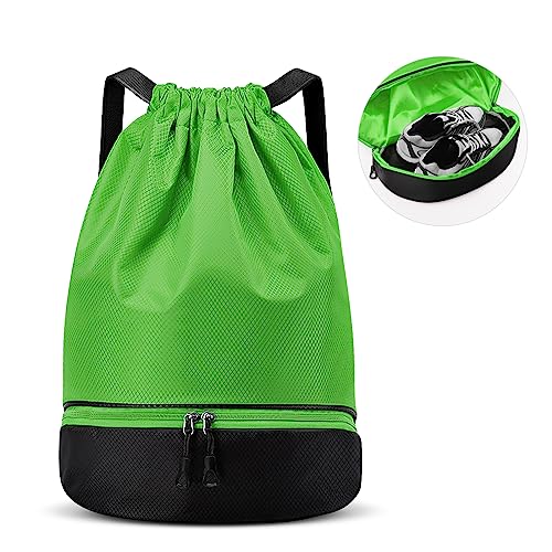 Qoosea Drawstring Backpack Sports Gym Bag with Shoe Compartment Water Resistant Drawstring Sackpack for Women Men (Green)
