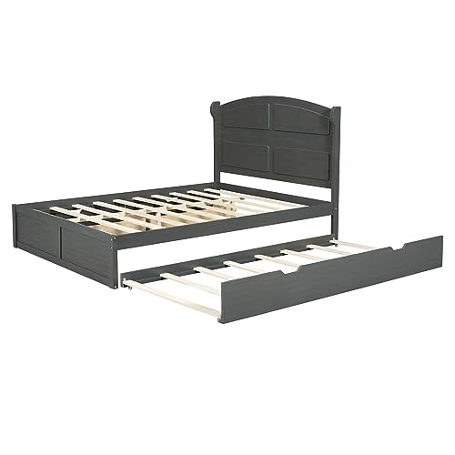 EMKK Queen Bed with Trundle and 2 Drawers, Wood Queen Size Platform Bed Frame Space-Saving Queen Size Bed for Boys, Girls, Kids, Teens and Adults
