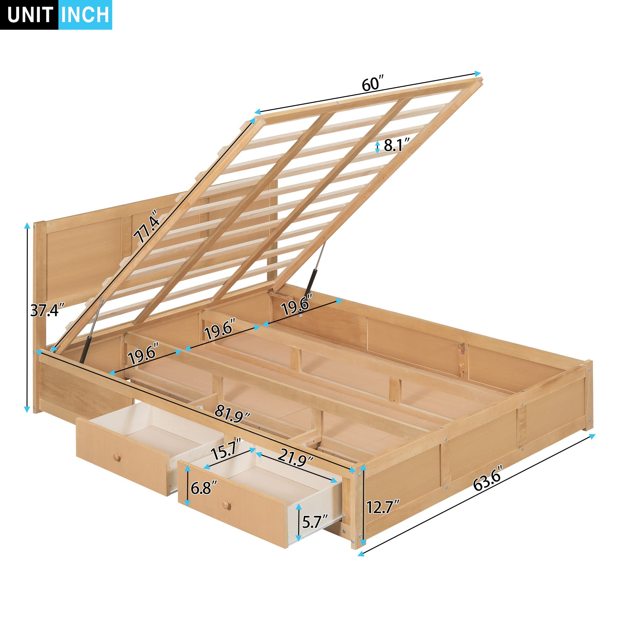 Queen Lift Storage Bed,Wooden Platform Bed with Storage and 2 Drawers Below with Fabric Headboard and Wood Slat Support, Hydraulic Storage System for Kids Teens and Adults,, Easy Assembly (Queen)