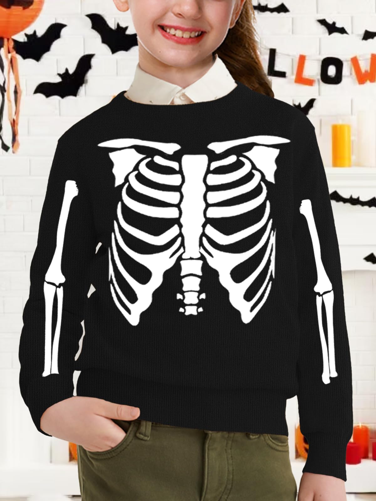 Remimi Skeleton Sweater Halloween Crewneck Spooky Top Cozy Warm Sweatshirt Black 13-14 Years
