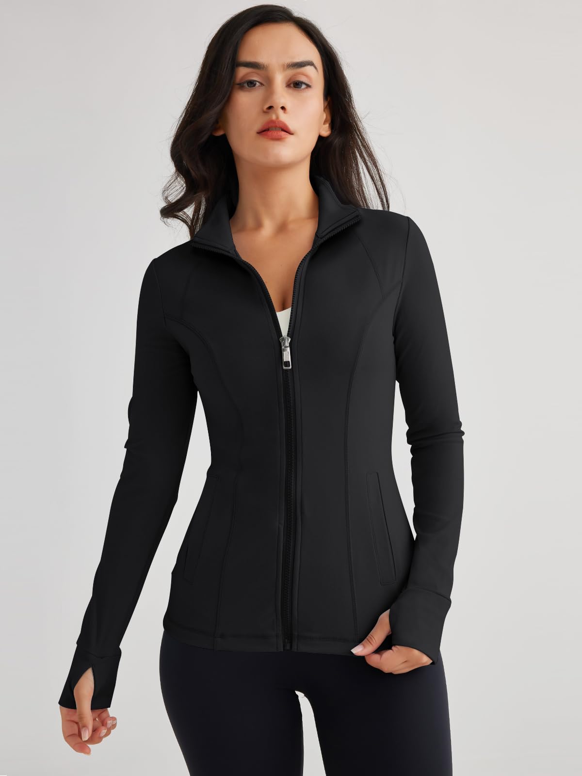 Trendy Queen Womens Lightweight Zip Up Jackets Mock Turtleneck Fall Hoodies Fitted 2024 Athletic Workout Clothes with Pockets Black M