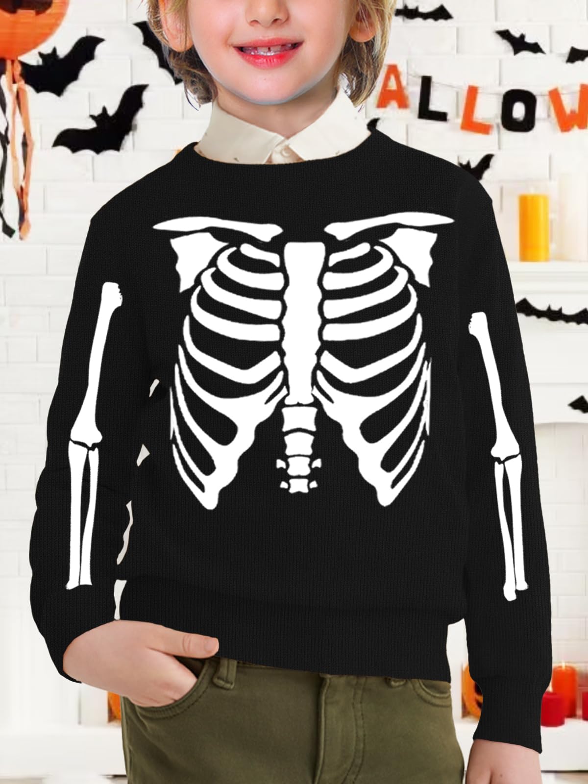 Remimi Skeleton Sweater Halloween Crewneck Spooky Top Cozy Warm Sweatshirt Black 13-14 Years