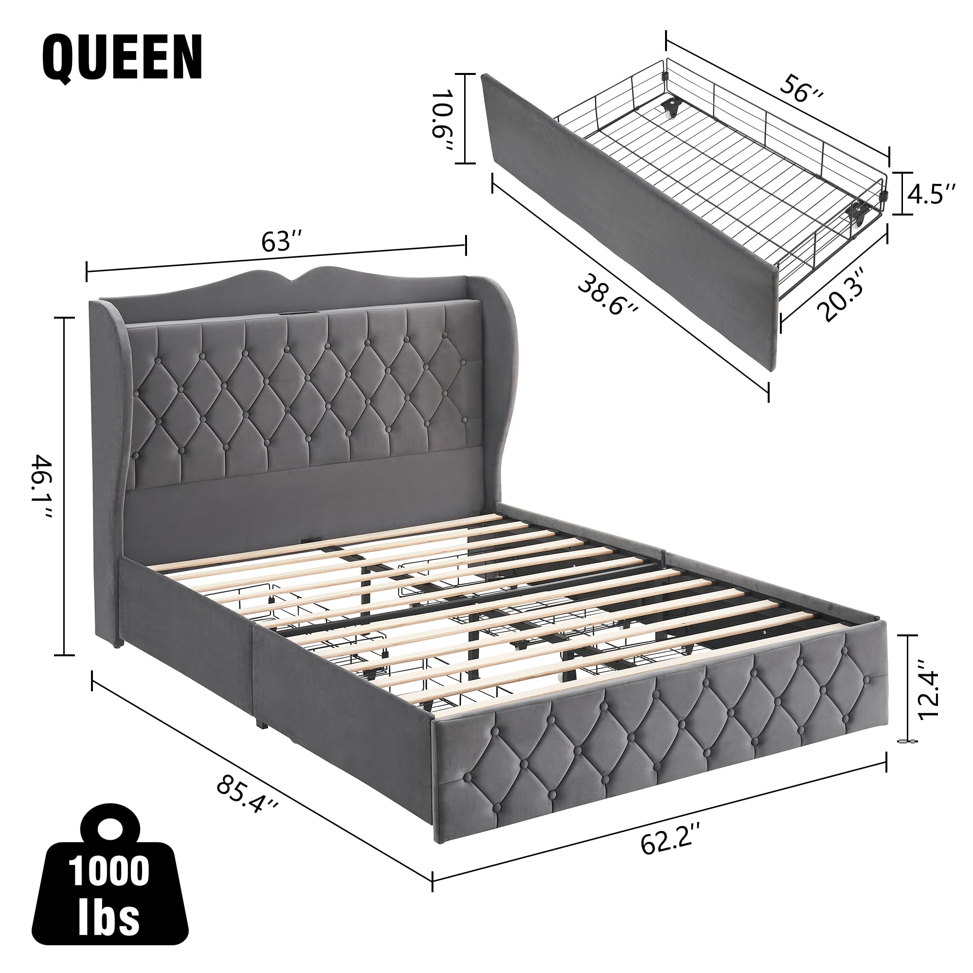 GAOMON Queen Size Bed Frame with 4 Storage Drawers and Charging Station, Velvet Upholstered Platform Bed with Tall Headboard and Storage Shelf, Wooden Slats Support, No Box Spring Needed, Grey