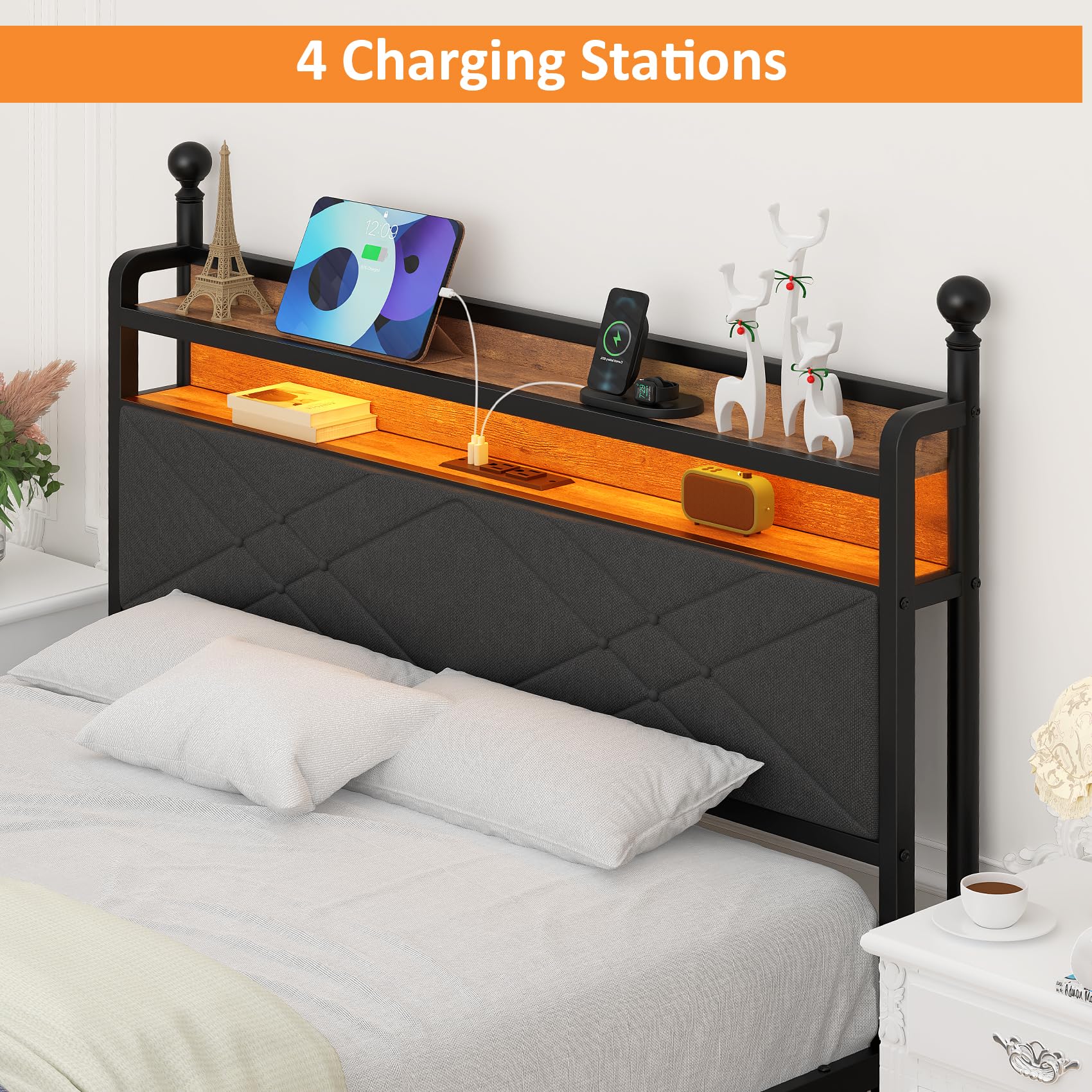 Winkalon Metal Bed Frame Queen Size Black Iron Platform with Modern Headboard and Footboard No Box Spring Needed, Under Bed Storage, Strong Slat Support (Canopy Bed Frames, Queen)