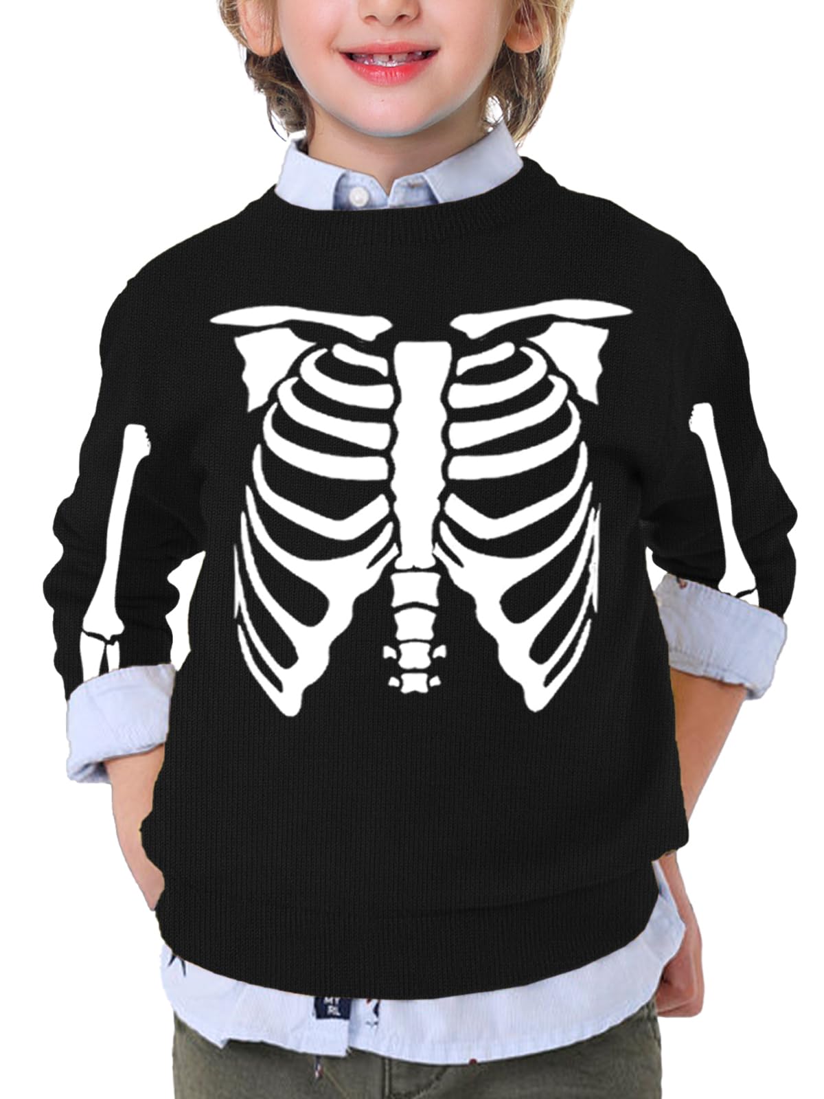 Remimi Skeleton Sweater Halloween Crewneck Spooky Top Cozy Warm Sweatshirt Black 13-14 Years