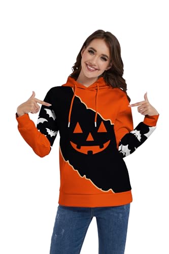 TMSD Women's Halloween Long Sleeve Pumpkin Funny Pullover Hoodie with Pocket Pumpkin Face M