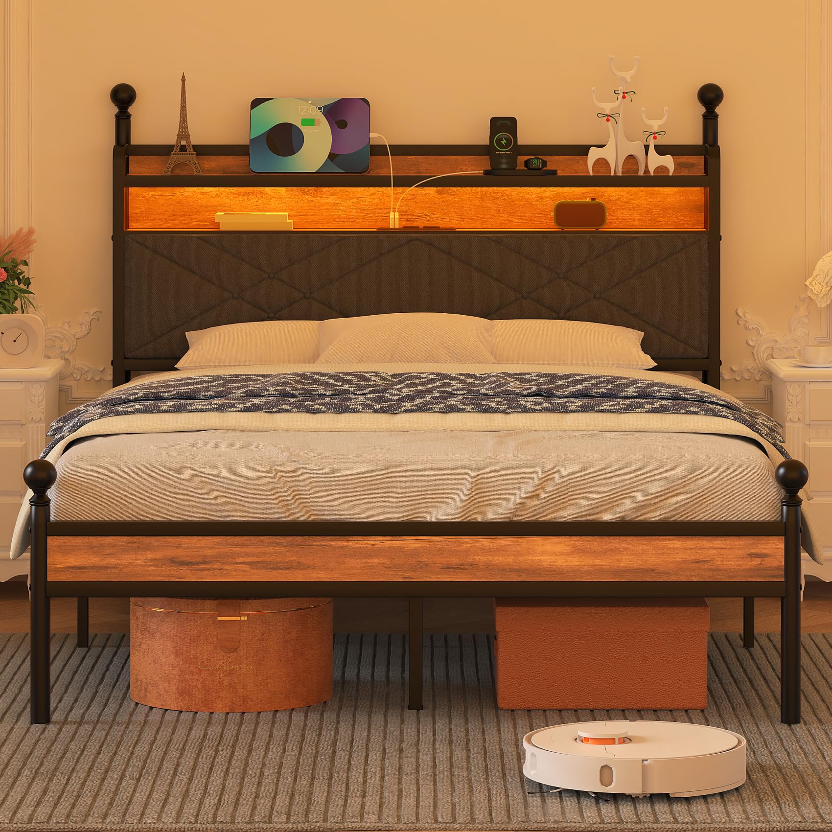 Winkalon Metal Bed Frame Queen Size Black Iron Platform with Modern Headboard and Footboard No Box Spring Needed, Under Bed Storage, Strong Slat Support (Canopy Bed Frames, Queen)