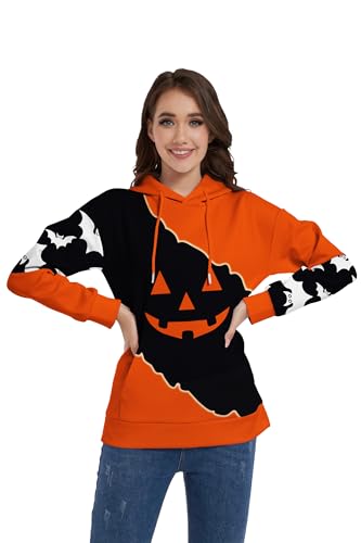 TMSD Women's Halloween Long Sleeve Pumpkin Funny Pullover Hoodie with Pocket Pumpkin Face M