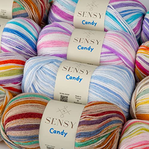 Sensy Candy Yarn, 3.5 oz, 251 Yards, Multicolor Craft Yarn for Crocheting and Knitting, Gauge 3 Light (5845)