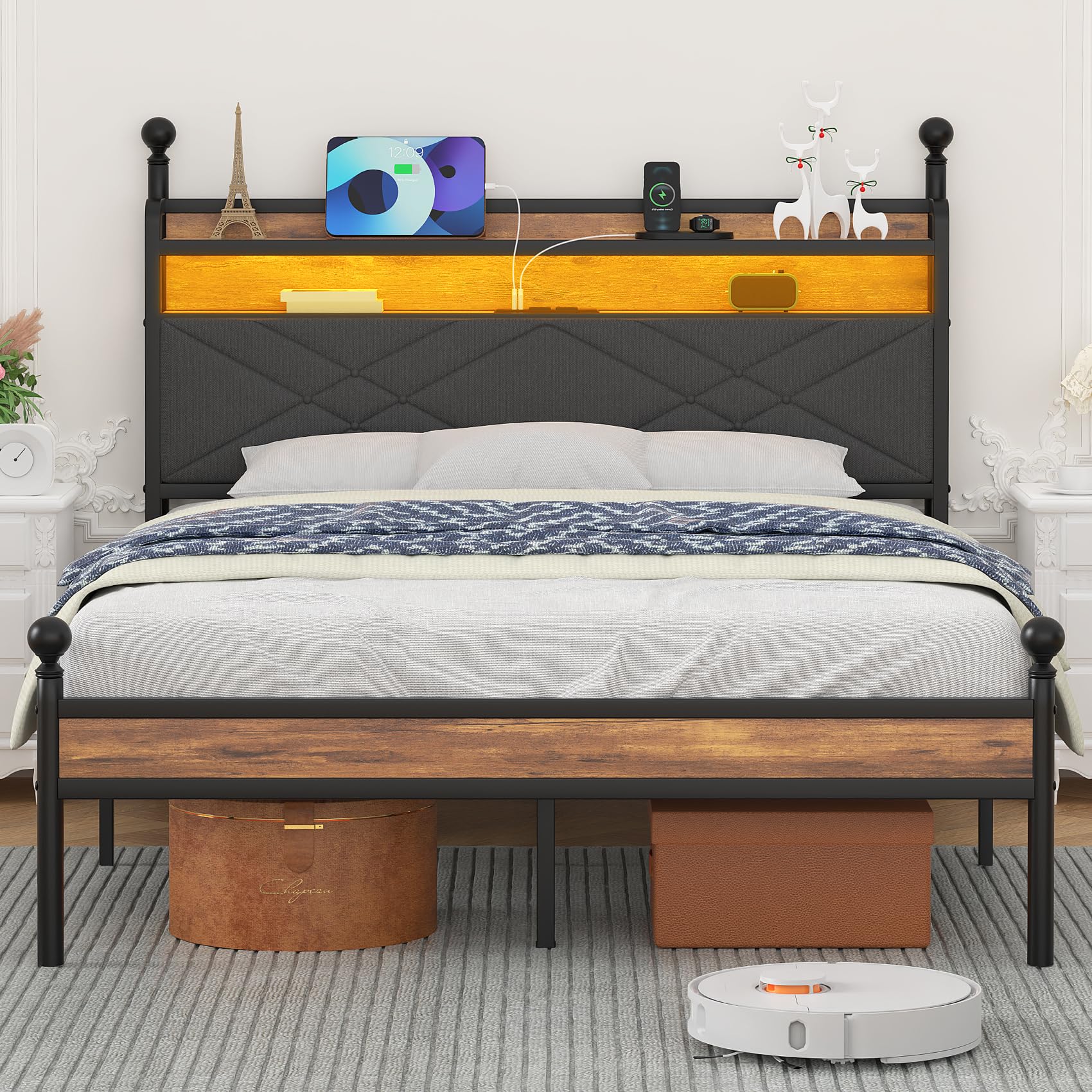 Winkalon Metal Bed Frame Queen Size Black Iron Platform with Modern Headboard and Footboard No Box Spring Needed, Under Bed Storage, Strong Slat Support (Canopy Bed Frames, Queen)