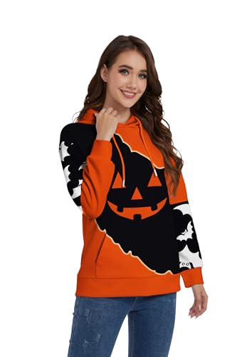 TMSD Women's Halloween Long Sleeve Pumpkin Funny Pullover Hoodie with Pocket Pumpkin Face M