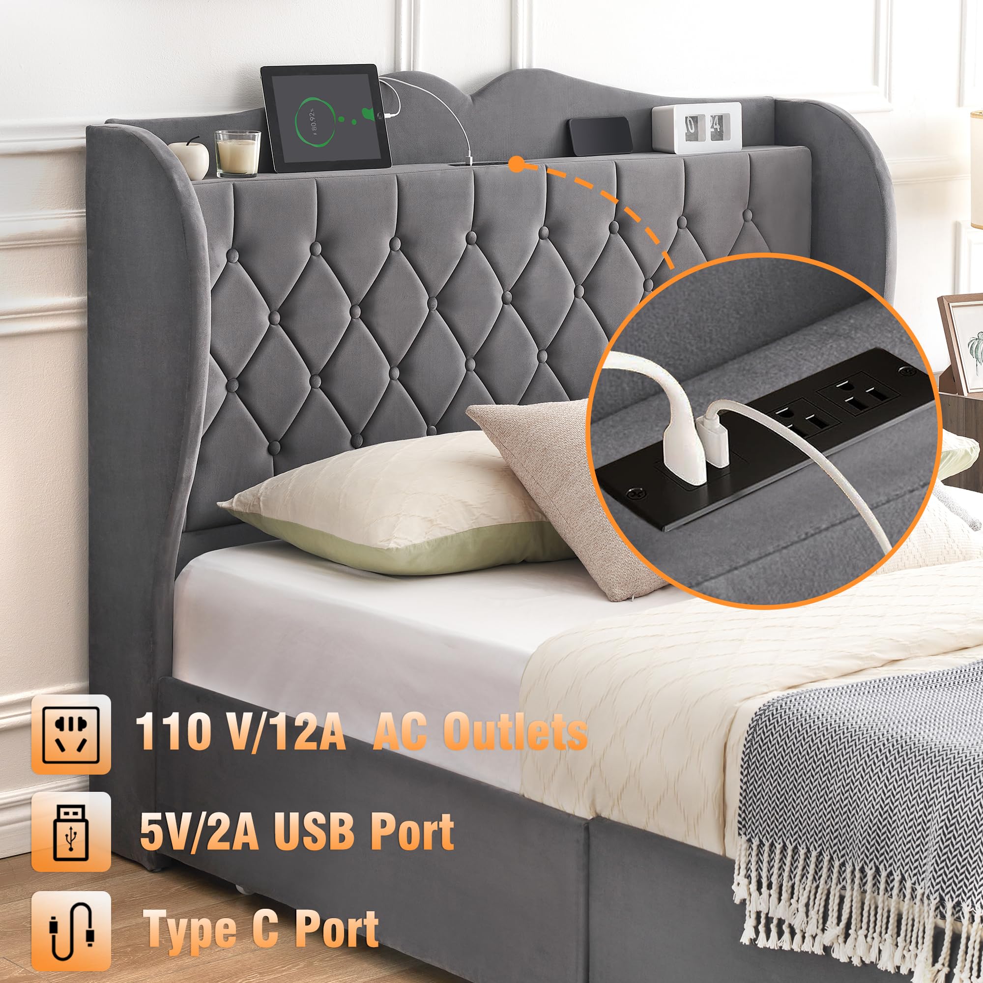 GAOMON Queen Size Bed Frame with 4 Storage Drawers and Charging Station, Velvet Upholstered Platform Bed with Tall Headboard and Storage Shelf, Wooden Slats Support, No Box Spring Needed, Grey