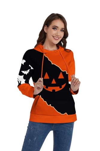 TMSD Women's Halloween Long Sleeve Pumpkin Funny Pullover Hoodie with Pocket Pumpkin Face M