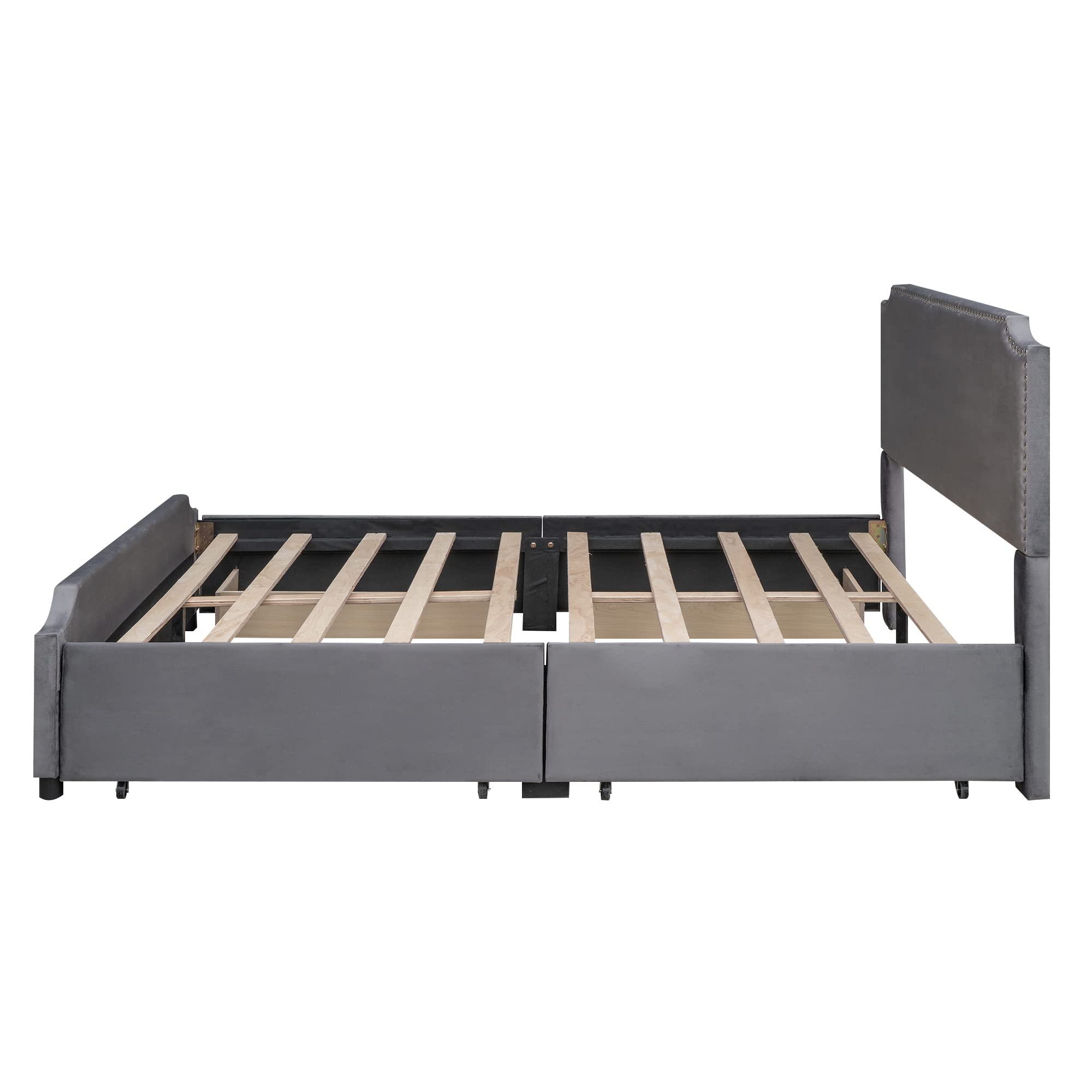 BIADNBZVelvet Queen Size Platform Bed Frame with Stud Trim Headboard and Footboard,4 Drawers for Bedroom/Guestroom,No Box Spring Needed,Gray