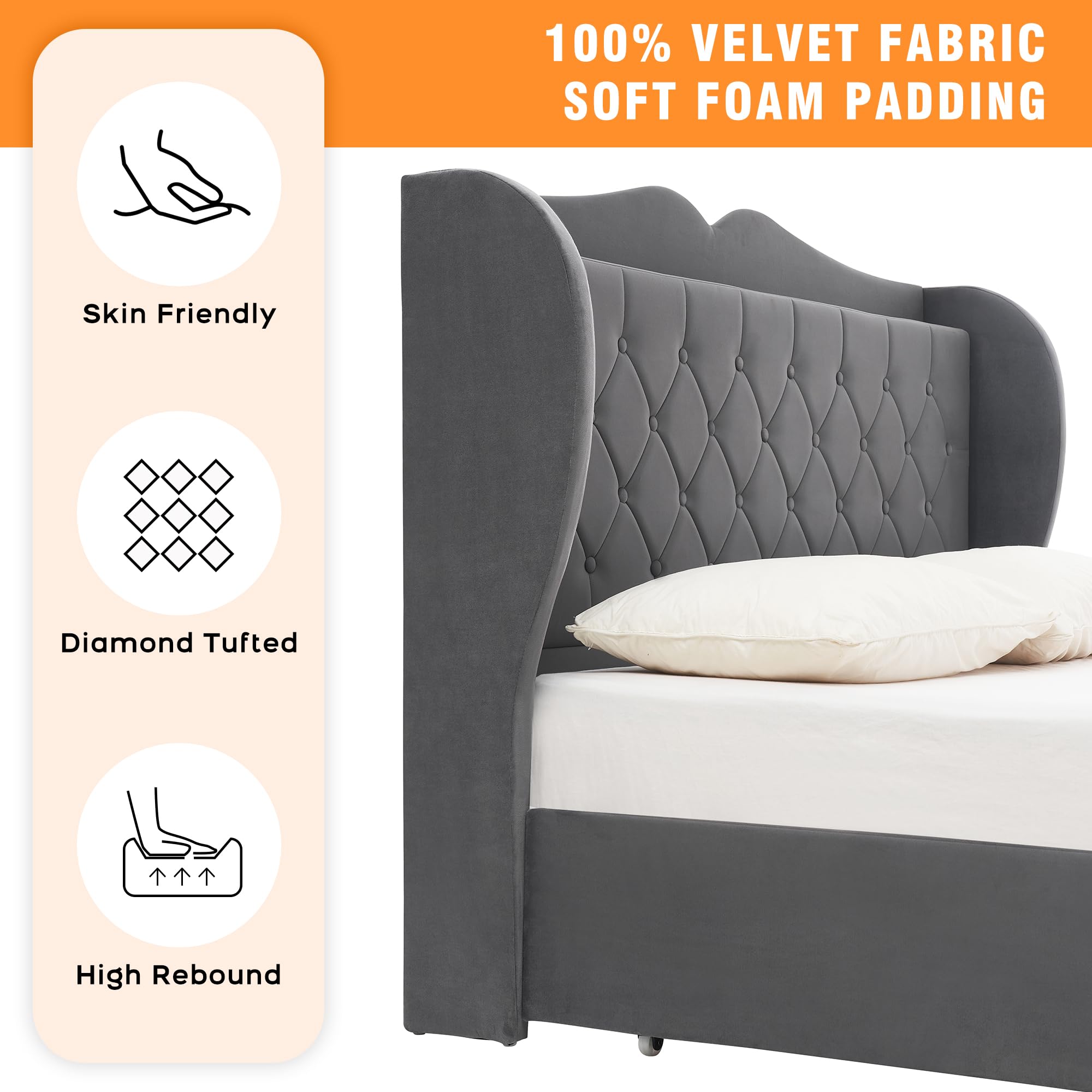 GAOMON Queen Size Bed Frame with 4 Storage Drawers and Charging Station, Velvet Upholstered Platform Bed with Tall Headboard and Storage Shelf, Wooden Slats Support, No Box Spring Needed, Grey