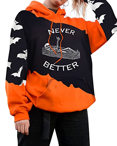 LUKYCILD Halloween Sweatshirts for Women Never Better Skeleton Shirt Long Sleeve Spooky Season Sweatshirt Skeleton Shirt