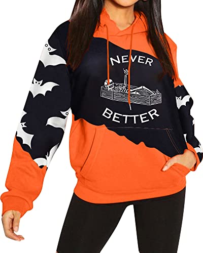 LUKYCILD Halloween Sweatshirts for Women Never Better Skeleton Shirt Long Sleeve Spooky Season Sweatshirt Skeleton Shirt