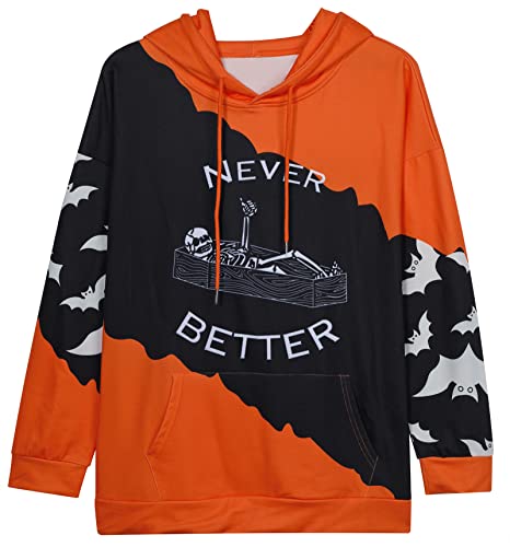 LUKYCILD Halloween Sweatshirts for Women Never Better Skeleton Shirt Long Sleeve Spooky Season Sweatshirt Skeleton Shirt