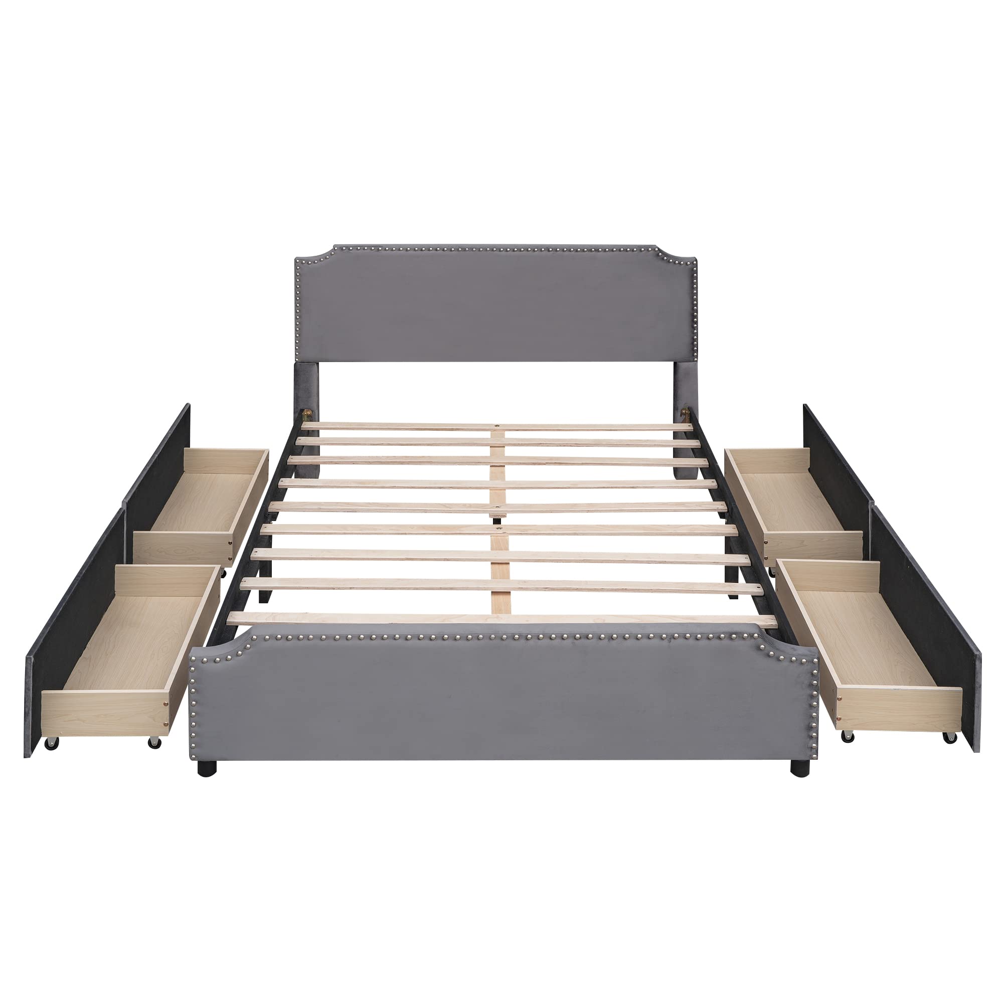 BIADNBZVelvet Queen Size Platform Bed Frame with Stud Trim Headboard and Footboard,4 Drawers for Bedroom/Guestroom,No Box Spring Needed,Gray