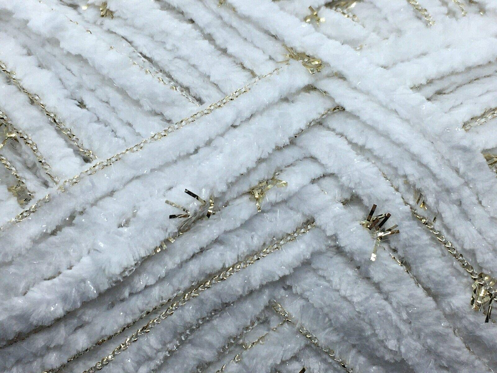 Metallic Accent Chenille Yarn - 50 Grams (1.75 Ounces) 65 Meters (71 Yards) White, Gold
