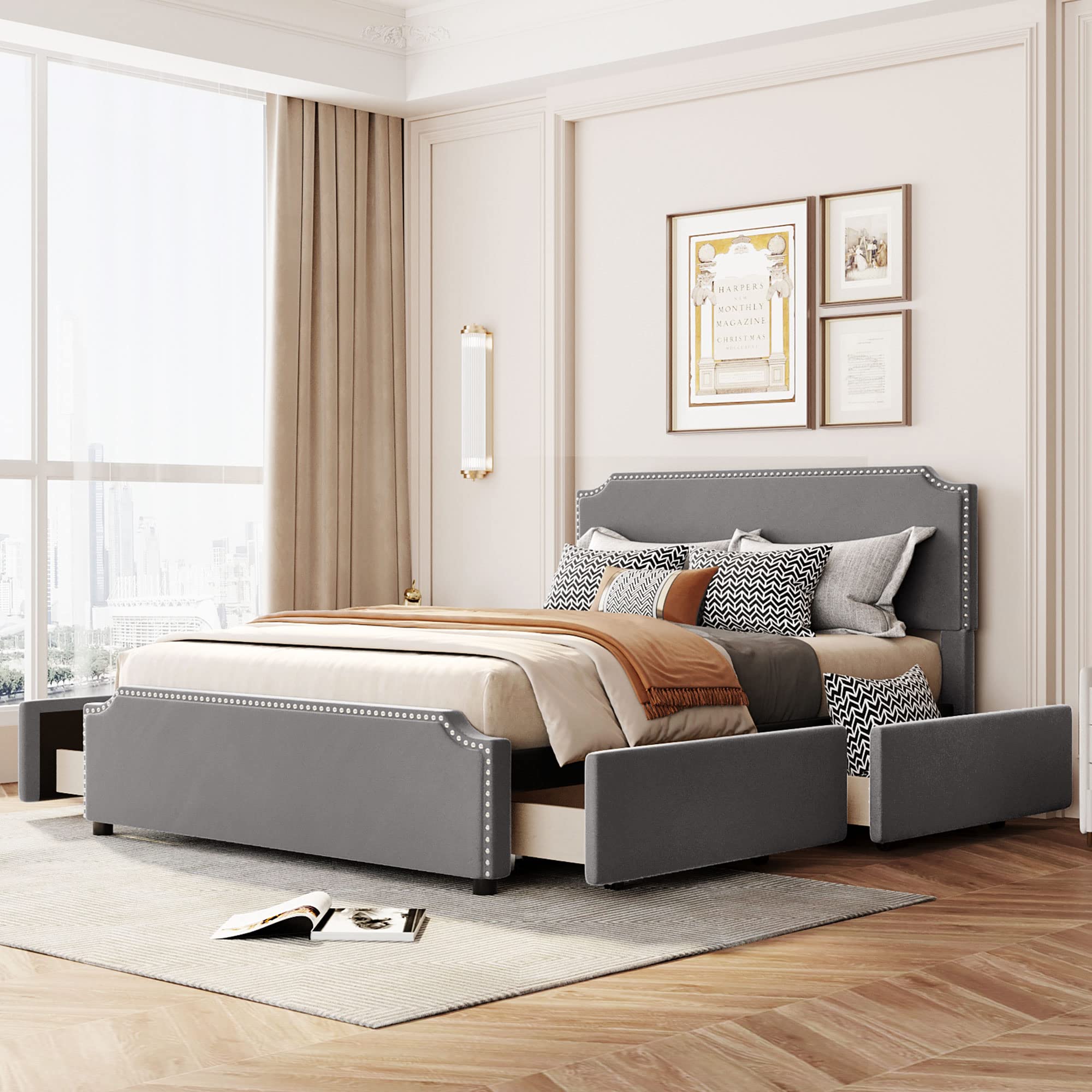 BIADNBZVelvet Queen Size Platform Bed Frame with Stud Trim Headboard and Footboard,4 Drawers for Bedroom/Guestroom,No Box Spring Needed,Gray