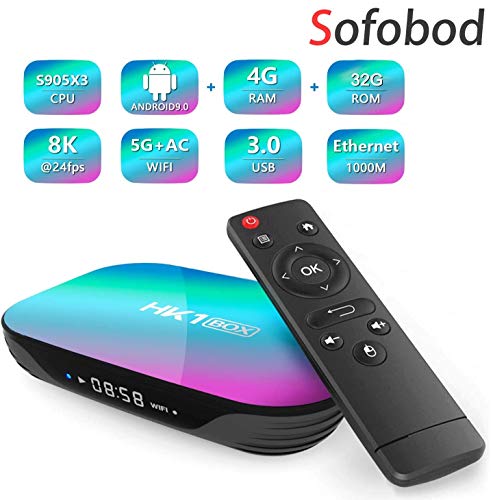 Sofobod HK1 Box Smart TV Box Android 9.0, 4GB RAM 32GB ROM, S905X3 Quad Core 64bit Cortex-A55, GPU G31 MP2, 2.4G/5G Dual WiFi BT4.0 H.265 Decoding LAN 1000 RJ-45, HD 8K:HK1BOX 4+32