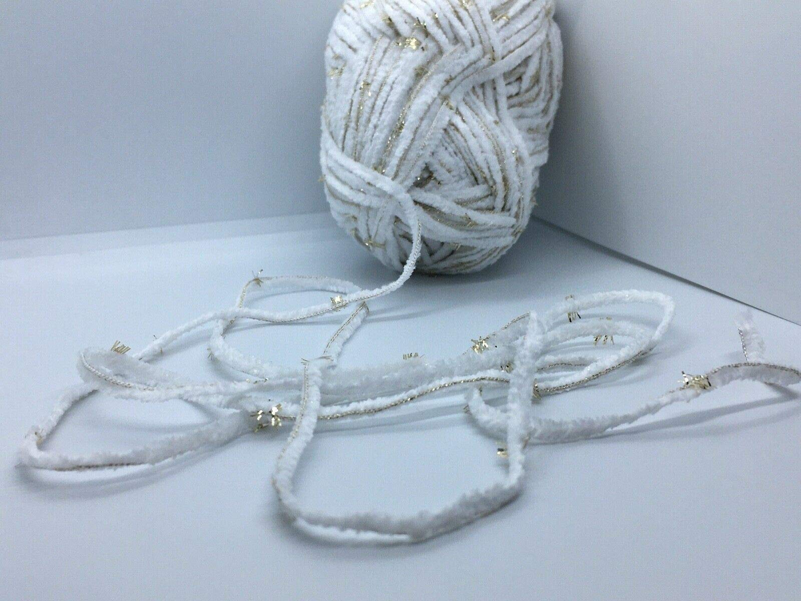 Metallic Accent Chenille Yarn - 50 Grams (1.75 Ounces) 65 Meters (71 Yards) White, Gold