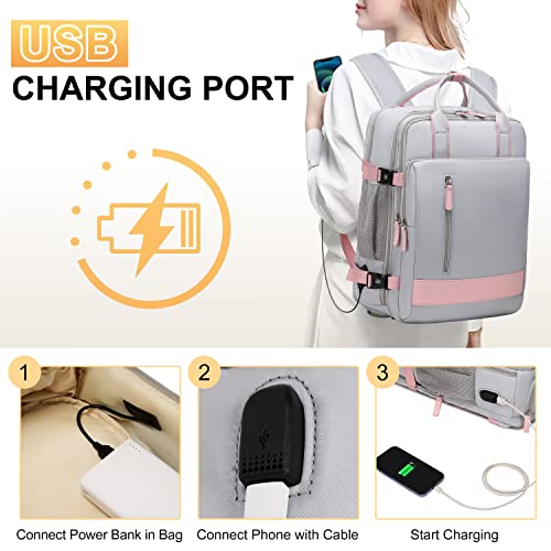 InduSKY Large Travel Backpack for Women, 40L Carry On Backpack Airline Flight Approved with USB Charging Port Shoes Compartment, Personal Luggage Backpack Casual Daypack 15.6 Inch Laptop Backpack