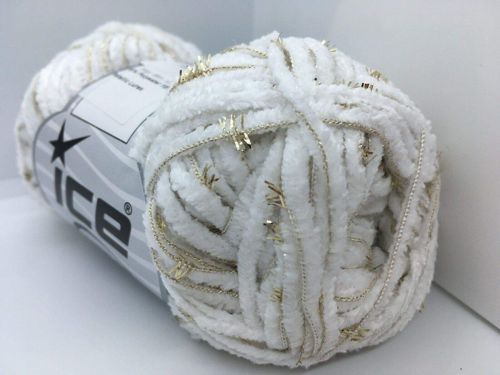 Metallic Accent Chenille Yarn - 50 Grams (1.75 Ounces) 65 Meters (71 Yards) White, Gold