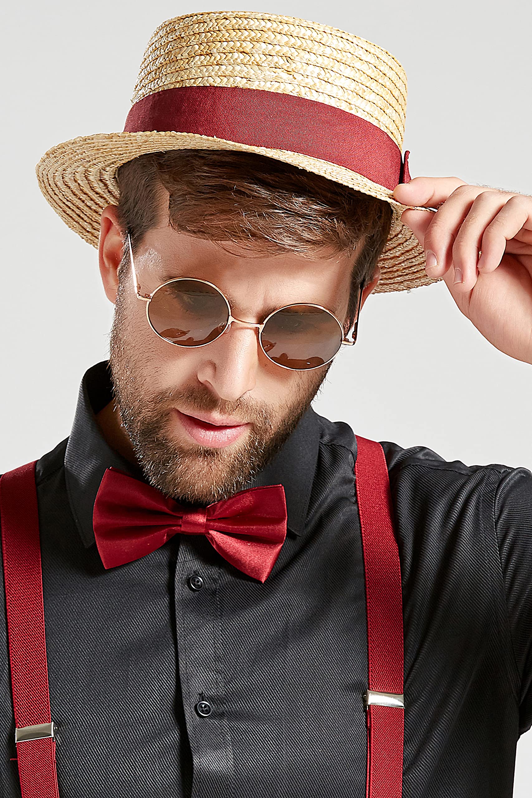 BABEYOND Men's 1920s Brim Boater Hat Gatsby Straw Hat 20s Costume Accessories Wine Red