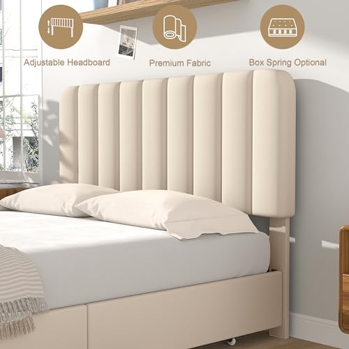 VECELO Queen Size Bed Frame with Ajustable Headboard and 4 Storage Drawers, Velvet Heavy Duty Platform Beds with Strong Wood Slats Support, No Box Spring Needed, Beige
