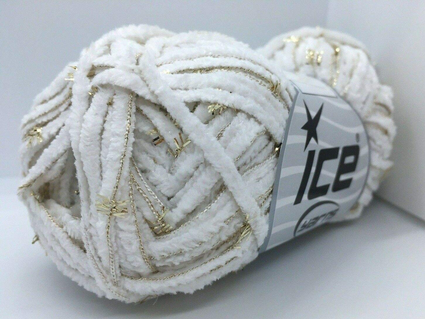Metallic Accent Chenille Yarn - 50 Grams (1.75 Ounces) 65 Meters (71 Yards) White, Gold
