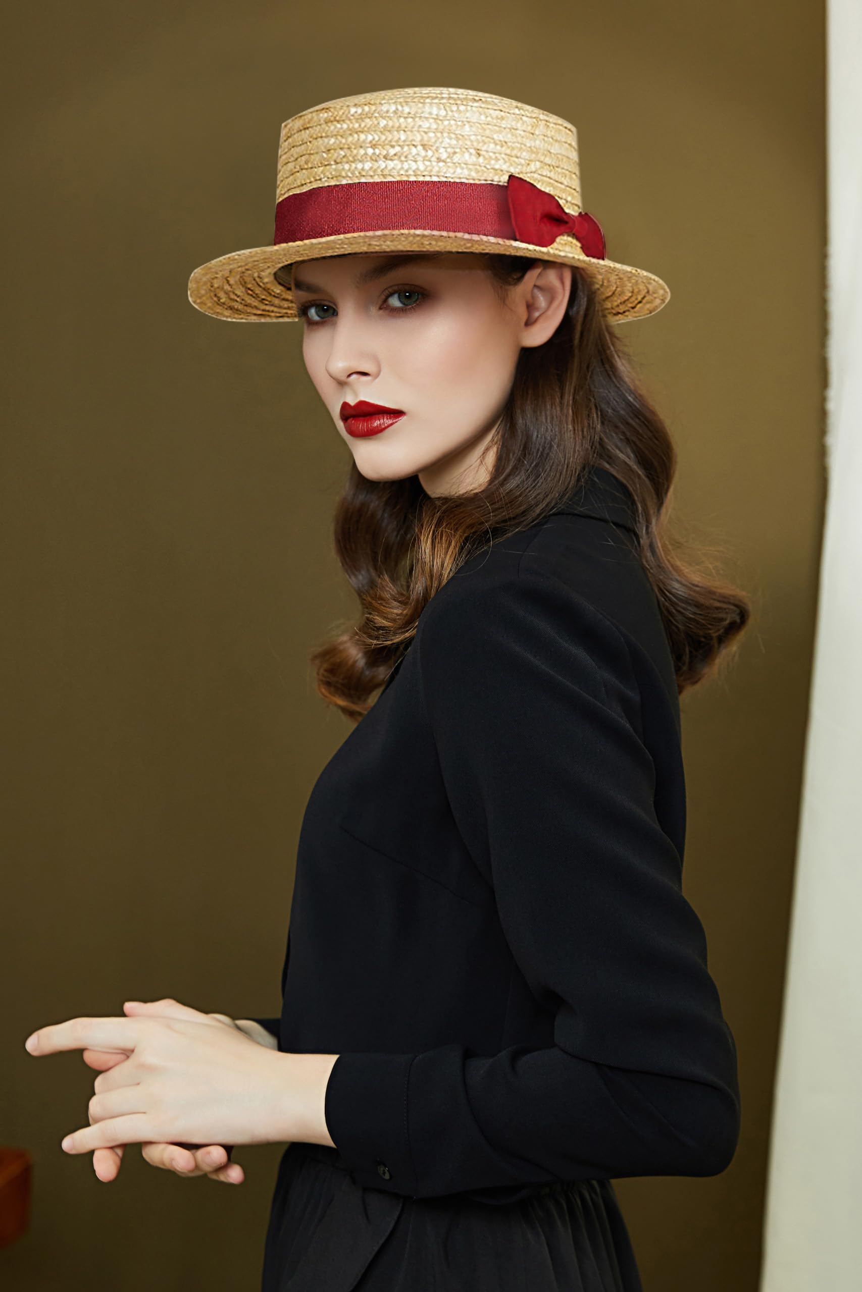 BABEYOND Men's 1920s Brim Boater Hat Gatsby Straw Hat 20s Costume Accessories Wine Red