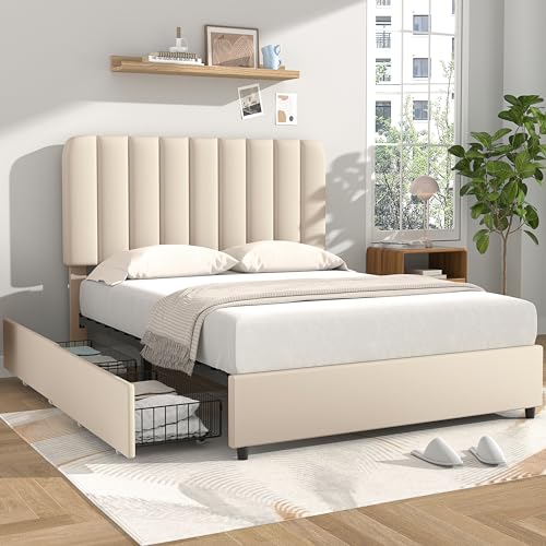 VECELO Queen Size Bed Frame with Ajustable Headboard and 4 Storage Drawers, Velvet Heavy Duty Platform Beds with Strong Wood Slats Support, No Box Spring Needed, Beige